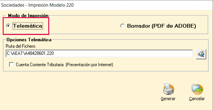 Modelo 220. Cómo generar la presentación telemática