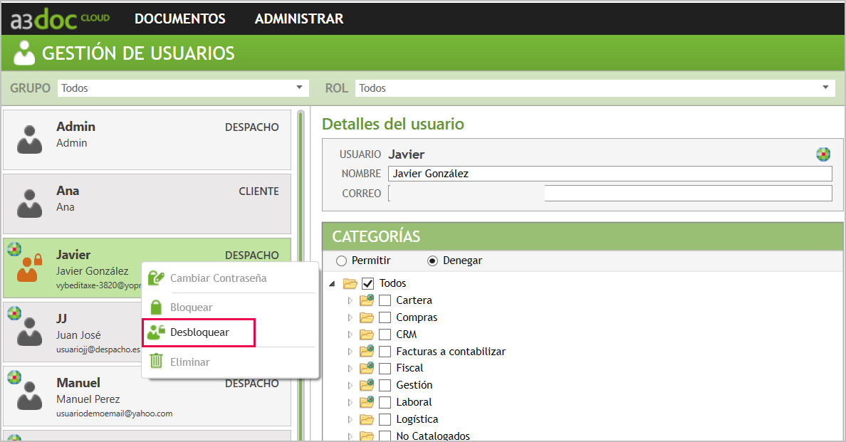 Usuario no sincronizado con a3doc cloud